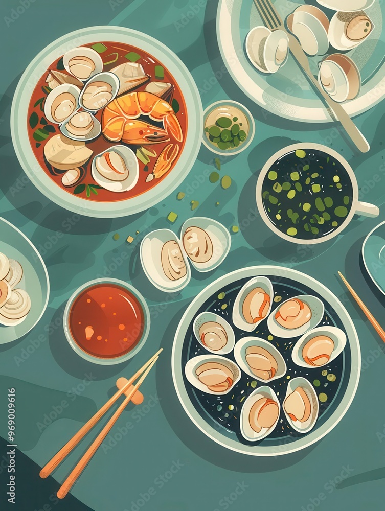 9 United States clam chowder flat design bird's-eye view seafood theme ...