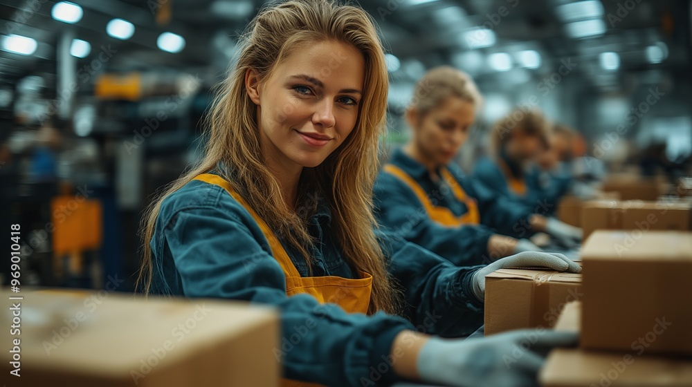 Smiling woman packing boxes in a manufacturing facility, working on an ...