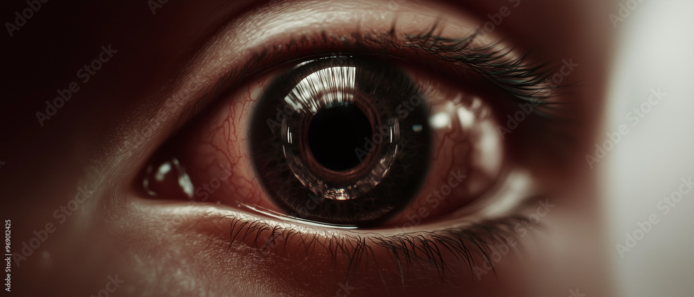 A strange and eerie cinematic close-up of a floating human eye, with ...