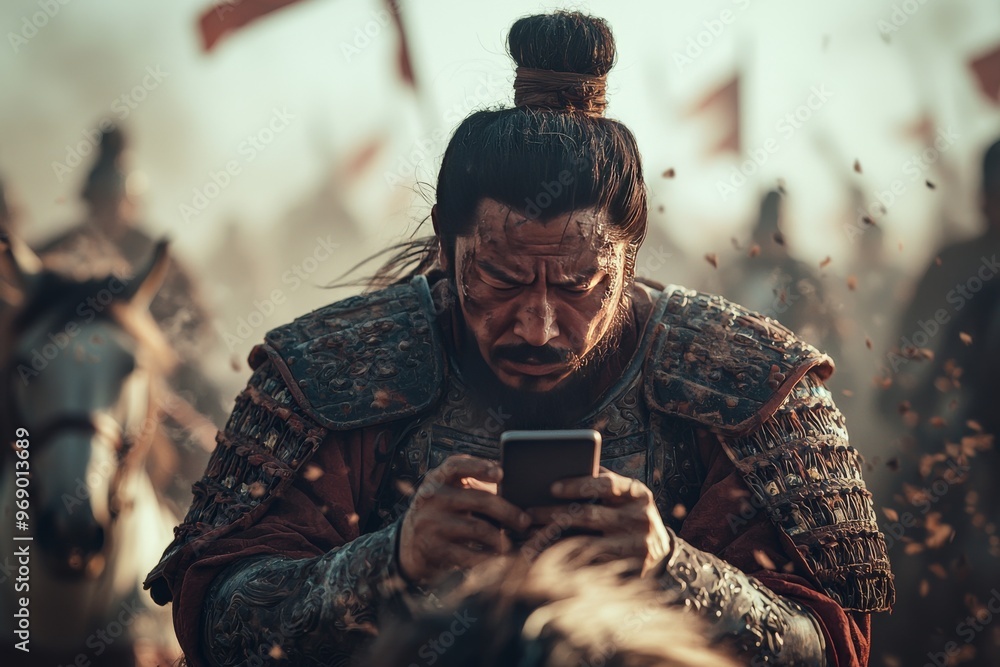 Ancient Chinese general in traditional armor using a smartphone ...