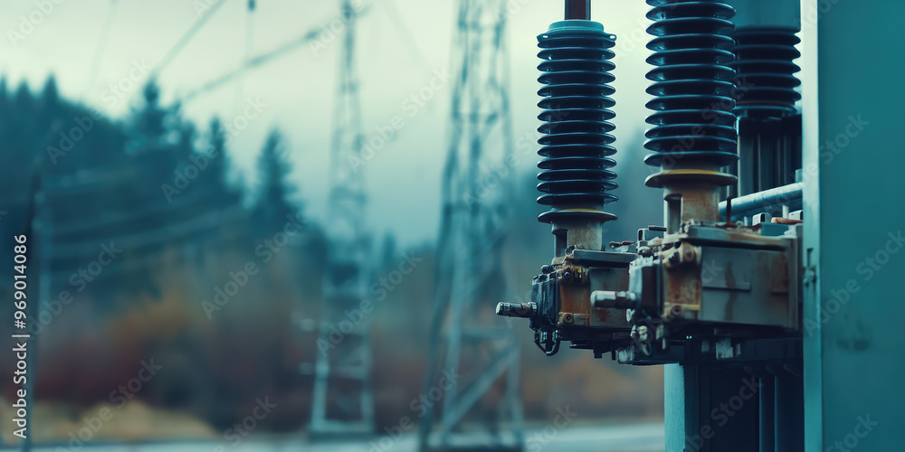 Electrical power outdoor substation. Close-up of switchgear and ...