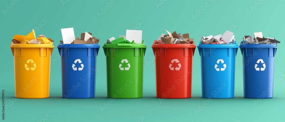 Row of colorful recycling bins filled with various sorted waste materials, promoting proper ...