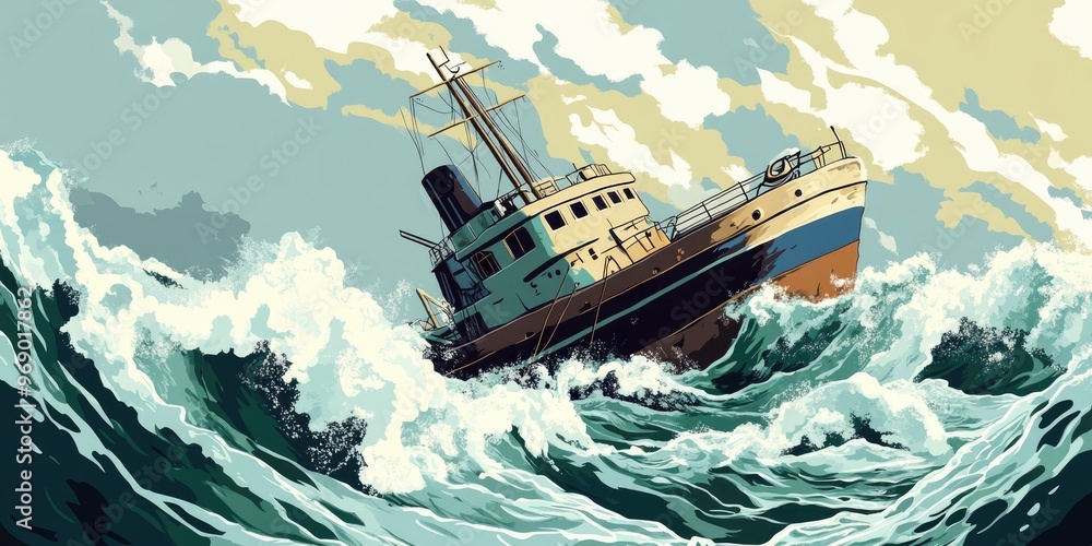 Cartoon illustration of a shipwreck amidst crashing waves Stock ...