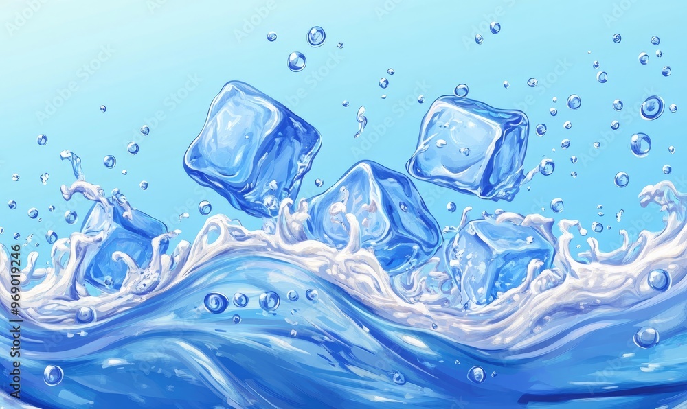 Ice cubes splashing into a clear blue wave with bubbles featuring a ...