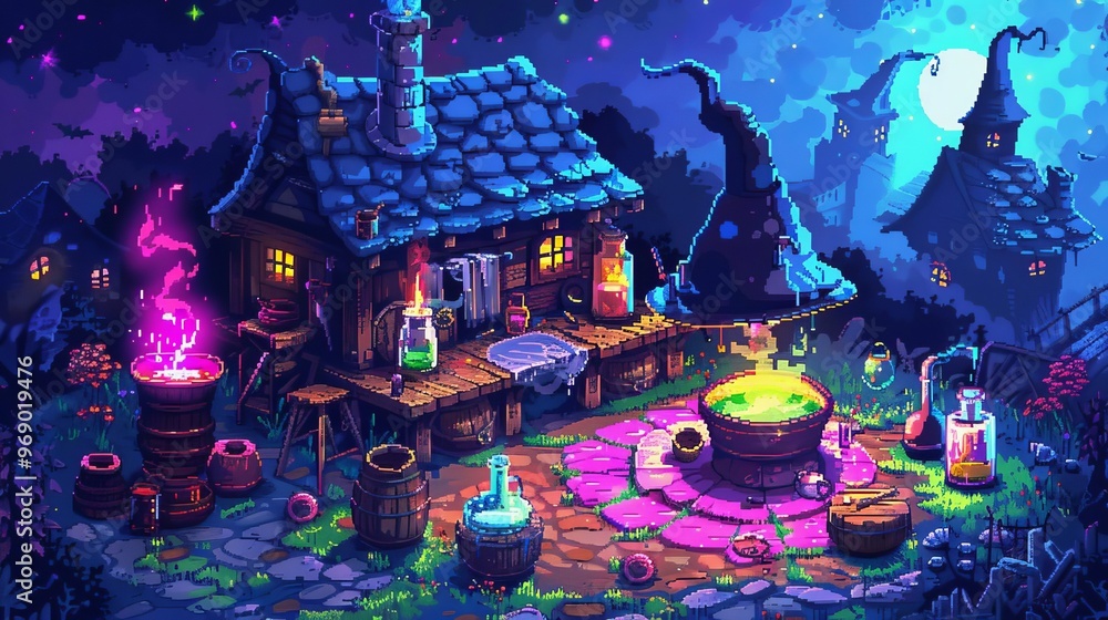 8bit witch, brewing potion, pixel art style, vibrant colors, isometric ...