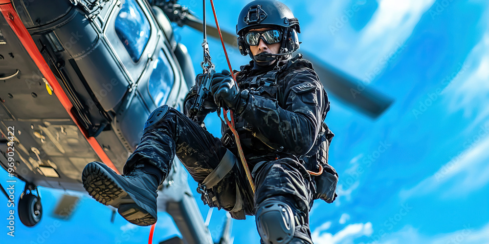 SWAT on the Ground - A SWAT team member rappelling from a helicopter ...