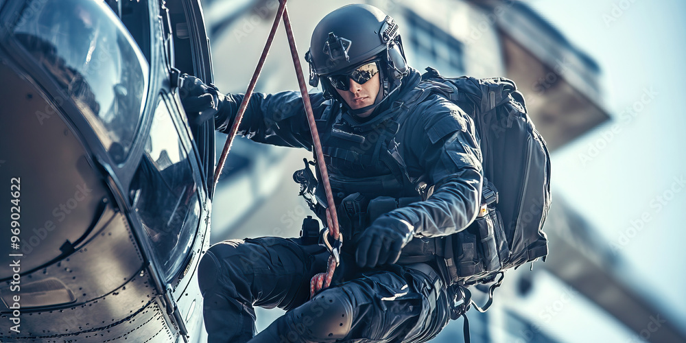 SWAT on the Ground - A SWAT team member rappelling from a helicopter ...