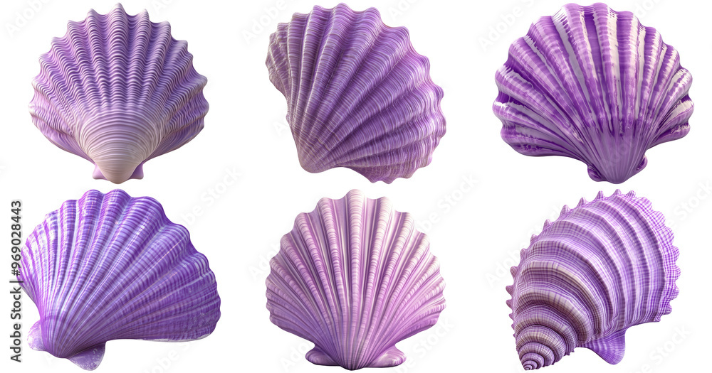 Scallop shell set isolated on transparent background. Various types of ...