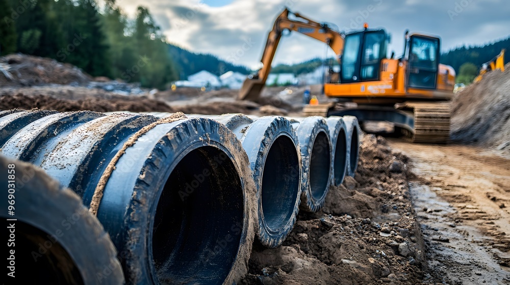A large piece of machinery is digging into the ground next to a long ...