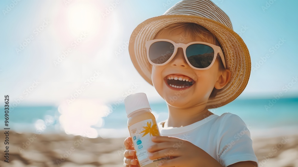 A child with a hat and sunglasses, holding a bottle of sunscreen with a ...