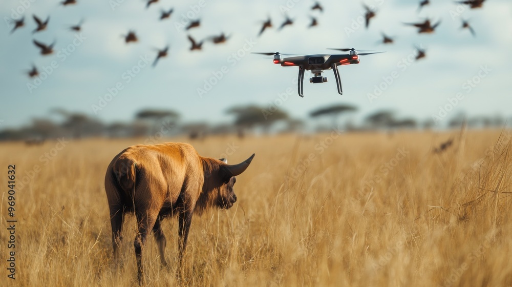 Autonomous AI-guided wildlife tracking drones monitoring endangered species Stock Illustration ...