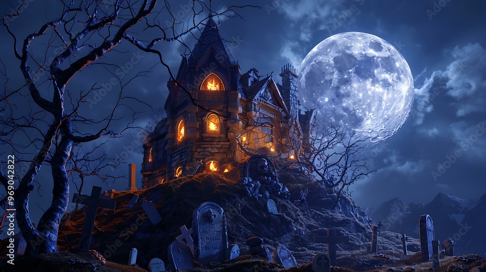 A haunted house on a hilltop with a glowing full moon behind it ...