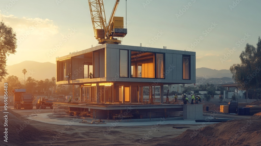 Autonomous AI-powered construction robots building modular homes: A construction site where AI ...