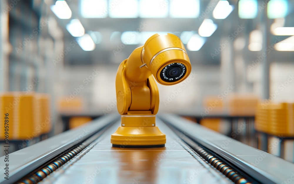Robotic camera performing a 360-degree inspection of products on a ...