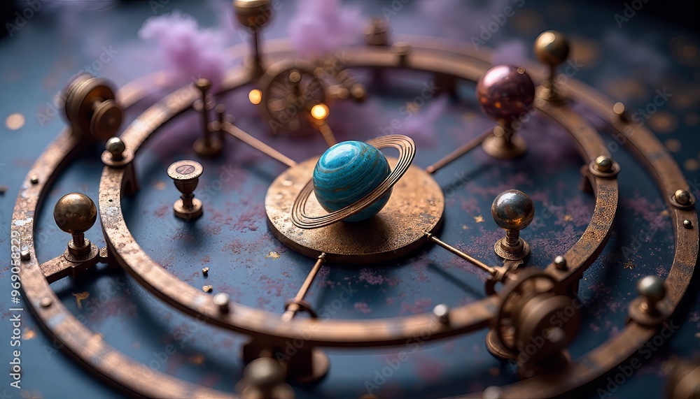 A miniature model of the solar system with a blue planet as its center ...