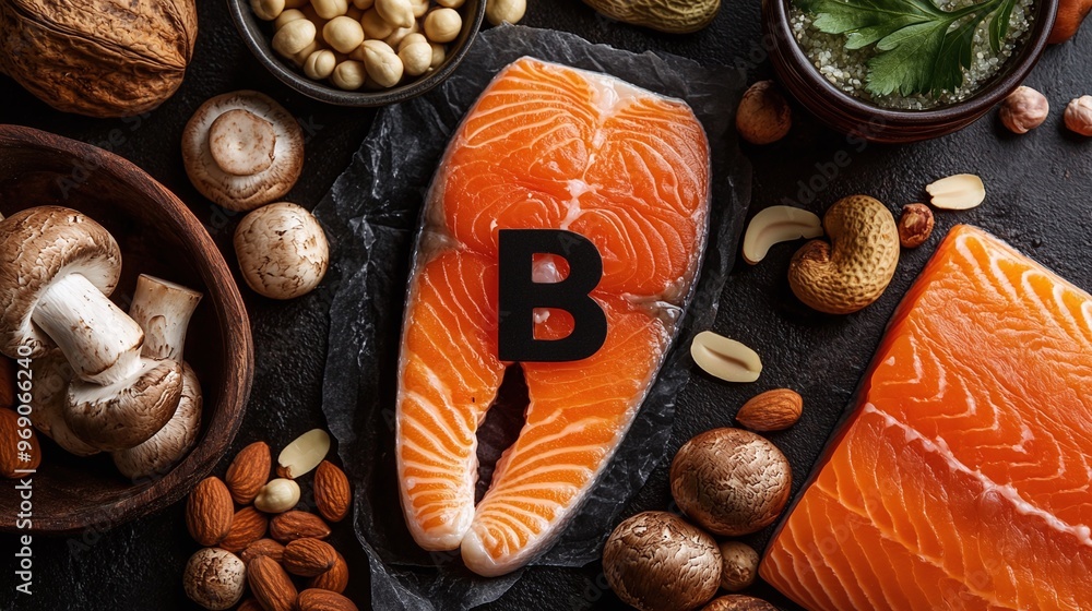 Nutritious foods high in vitamin B3 niacin featuring the molecular ...