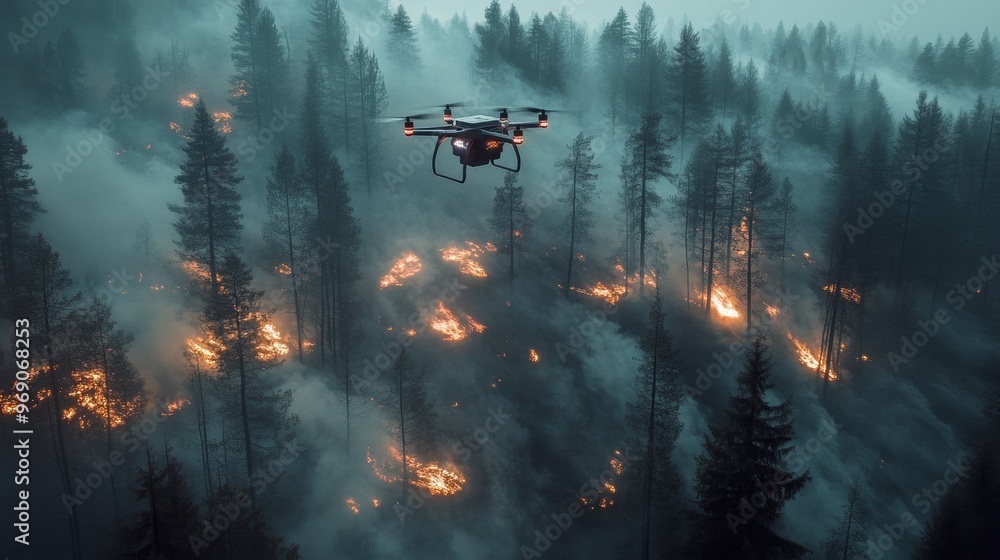 Photo Autonomous AI-powered fire detection drones scanning vast forests ...
