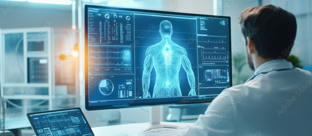 Doctor analysis the test result from MRI Scanner on computer banner ...