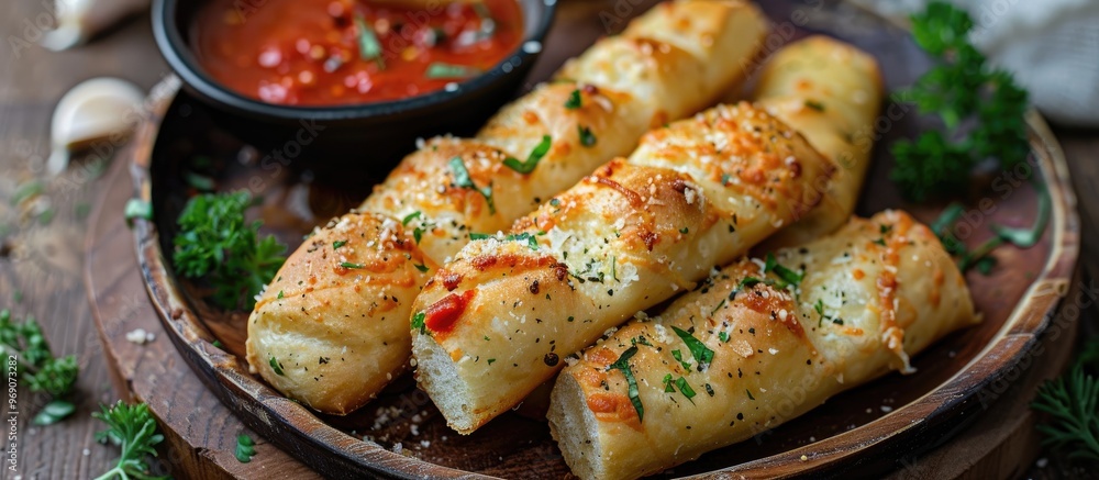 Breadstick bites topped with garlic butter and parmesan cheese served ...