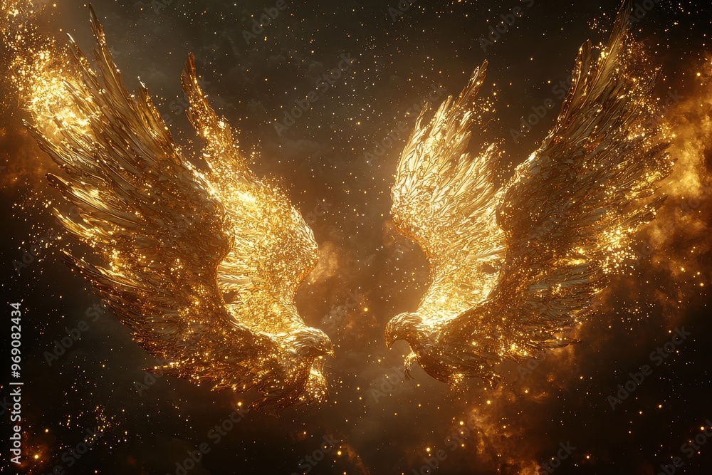 Majestic golden angel wings emerging from fiery cosmic energy field ...