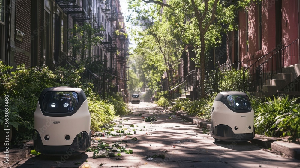 Autonomous AI-powered trash collection robots cleaning up urban streets ... Autonomous AI-powered trash collection robots cleaning up urban streets ...