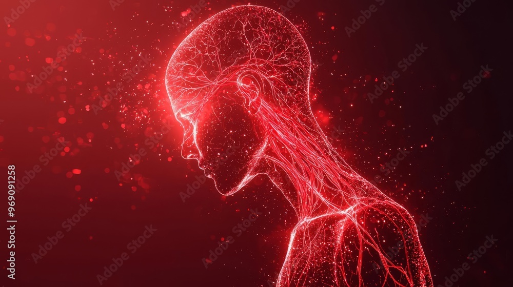 Abstract human figure with glowing red nerves radiating from a single ...