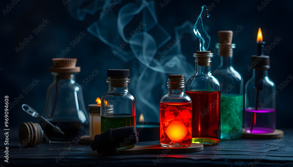 Spiritual occultism and magic chemistry background. Witchcraft potion ...
