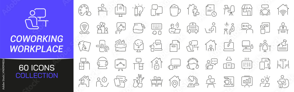 Coworking and workplace line icons collection. Thin outline icons pack ...
