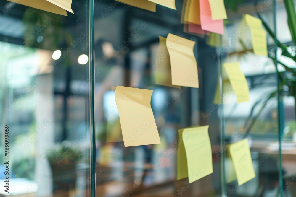 Sticky notes posted on a window at the office Sticky notes posted on a ...