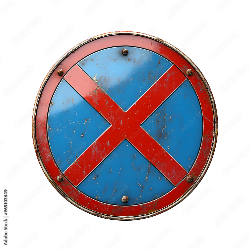 Circular red and blue traffic sign with a worn-out X symbol, isolated ...