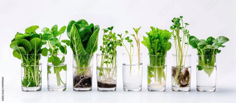 Chlorophyll in a glass of water on a white background alongside several ...