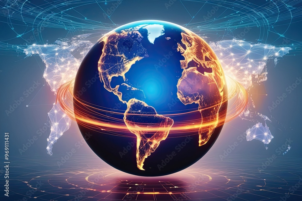 Vibrant Digital Planet with Intertwining Pathways Depicting Worldwide ...