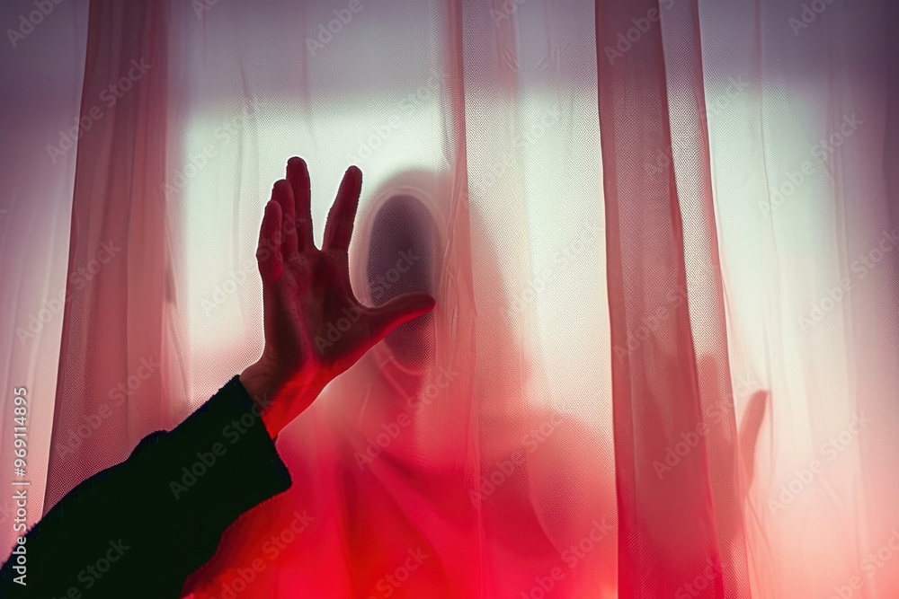 Shadow of scary paranormal ghost horror woman behind the matte red ...