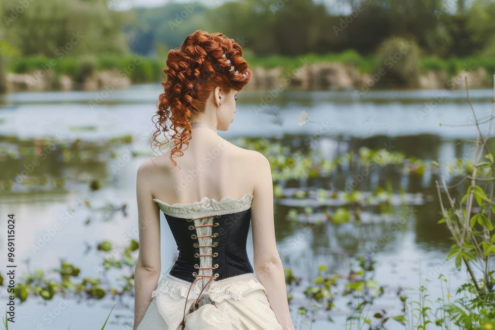 Woman back. Young victorian princess with hairstyle on nature ...