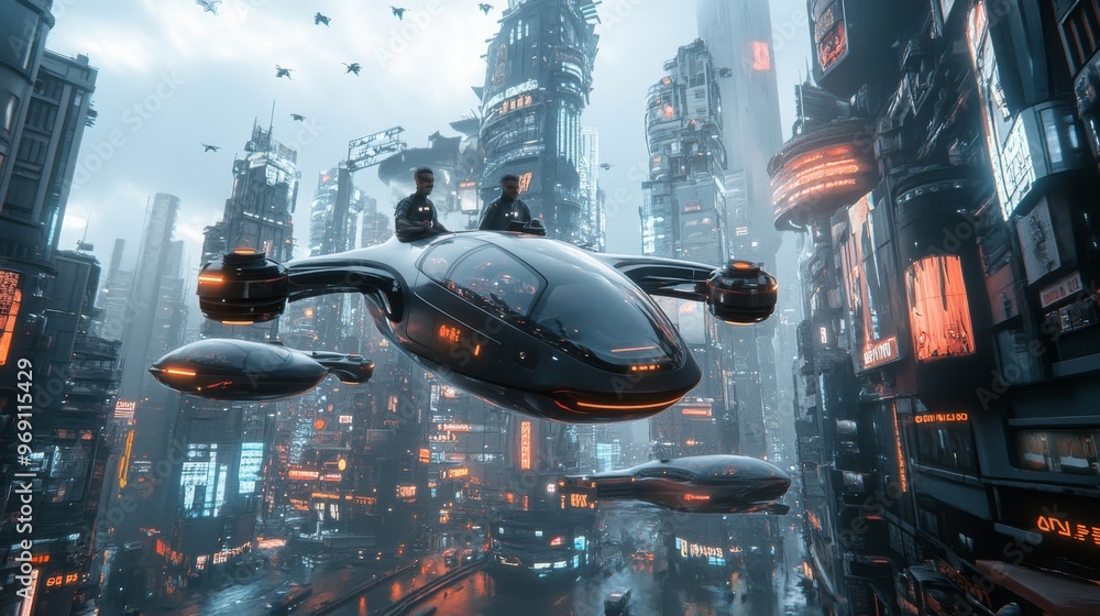 Autonomous flying cars navigating a high-tech cityscape: People riding ...