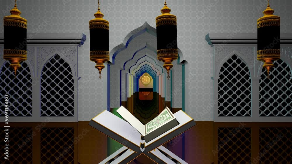 A serene indoor scene with Islamic architecture, featuring ornate ...