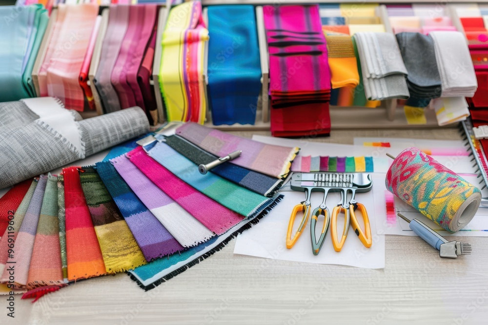 Fabric swatches and tailoring tools on the table of a textile shop ...