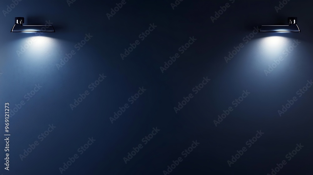 Navy blue wall with two cool spotlights illuminating from a wide angle ...