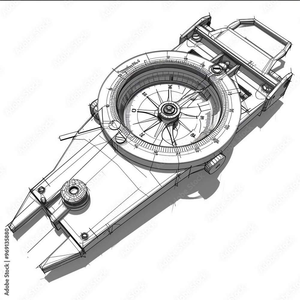 Vintage Compass Illustration Black And White Nautical Chart Realistic Pencil Drawing Of An