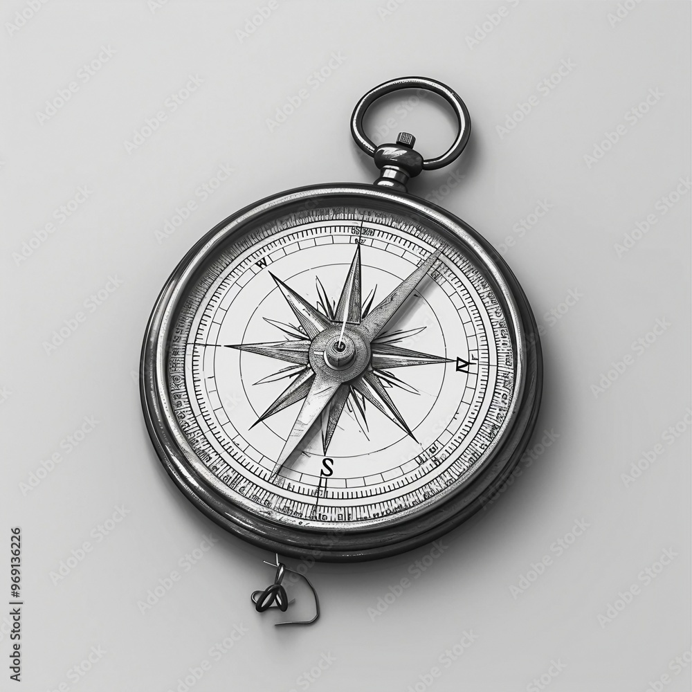 Vintage Compass Illustration Black And White Nautical Chart Realistic Pencil Drawing Of An