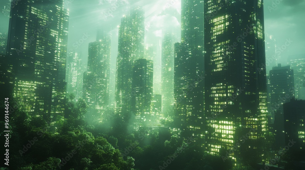 Futuristic AI-controlled air filtration systems optimizing urban air ...