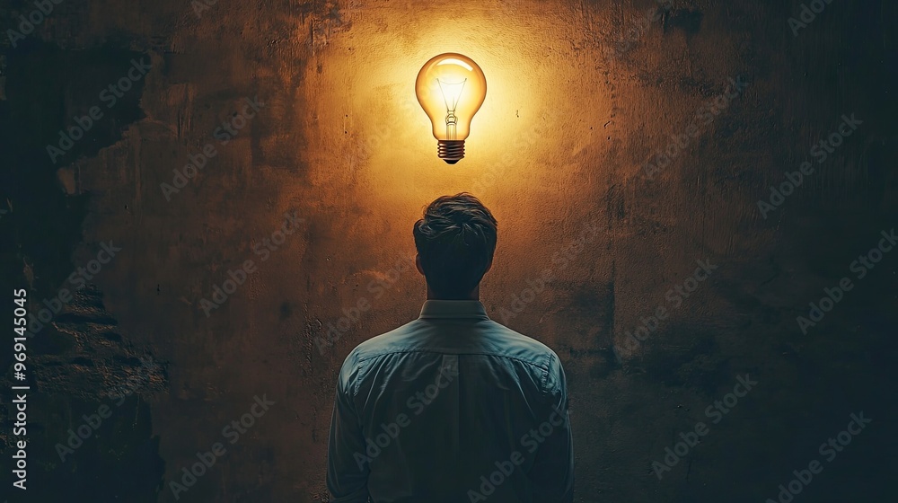 Man with a lightbulb overhead capturing the essence of creativity and ...