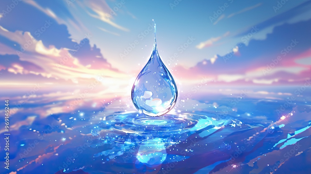 Anime-style water droplet featuring intricate details and a shimmering ...