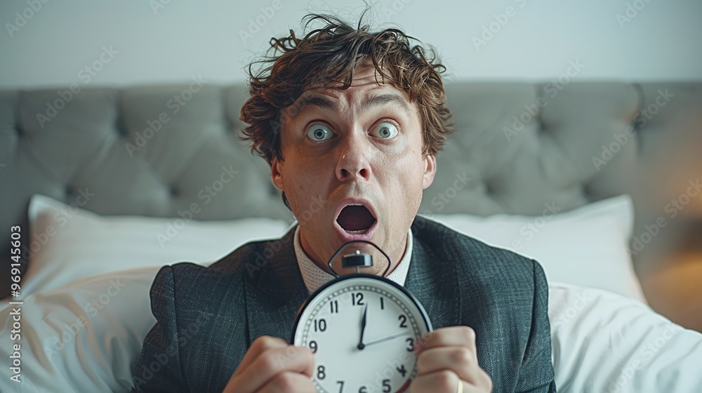 shocked businessman holding a classic alarm clock in a hotel room ...