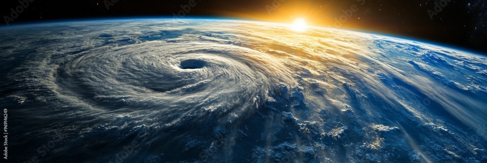 Magnificent spiraling clouds of a hurricane or cyclone over the planets ...