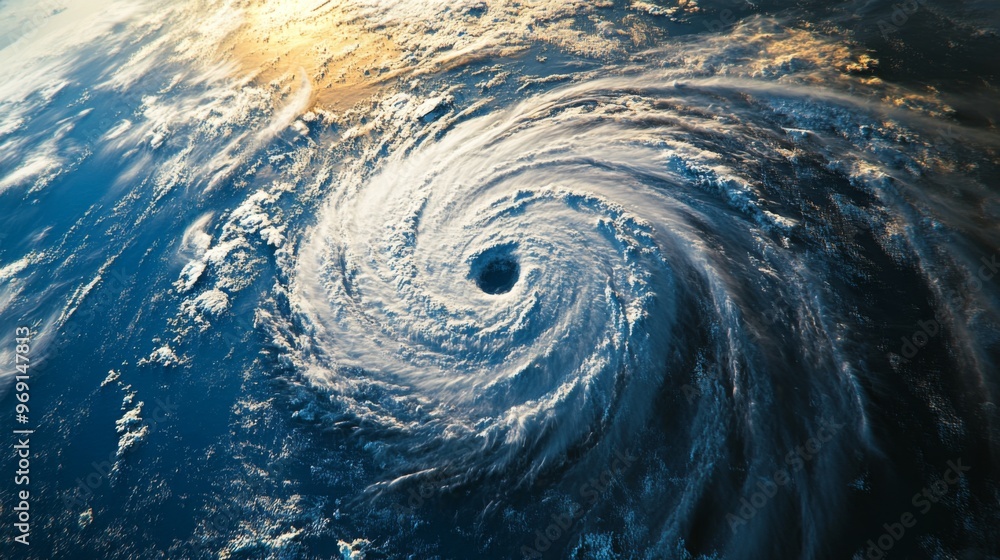Magnificent spiraling clouds of a hurricane or cyclone over the planets ...