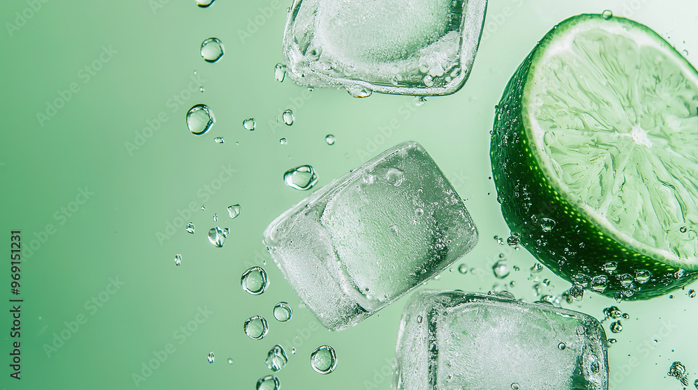 Some ice cubes in the water are wrapped in lime slices, with a green ...
