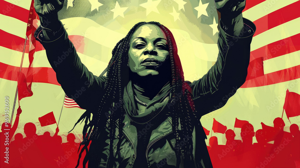 A determined activist stands with raised fists at a rally, surrounded ...