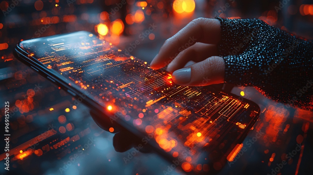 Futuristic banking symbols glowing around a smartphone as a person ...
