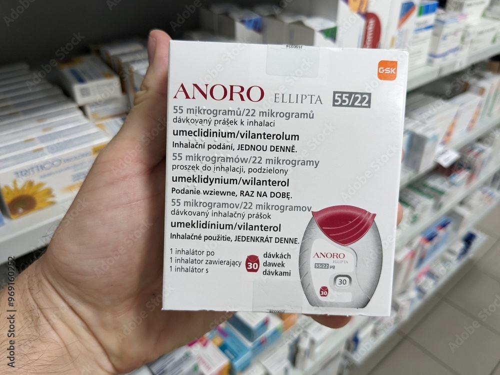 Prague, Czech Republic - SEPTEMBER 13 2024: ANORO ELLIPTA inhaler with ...